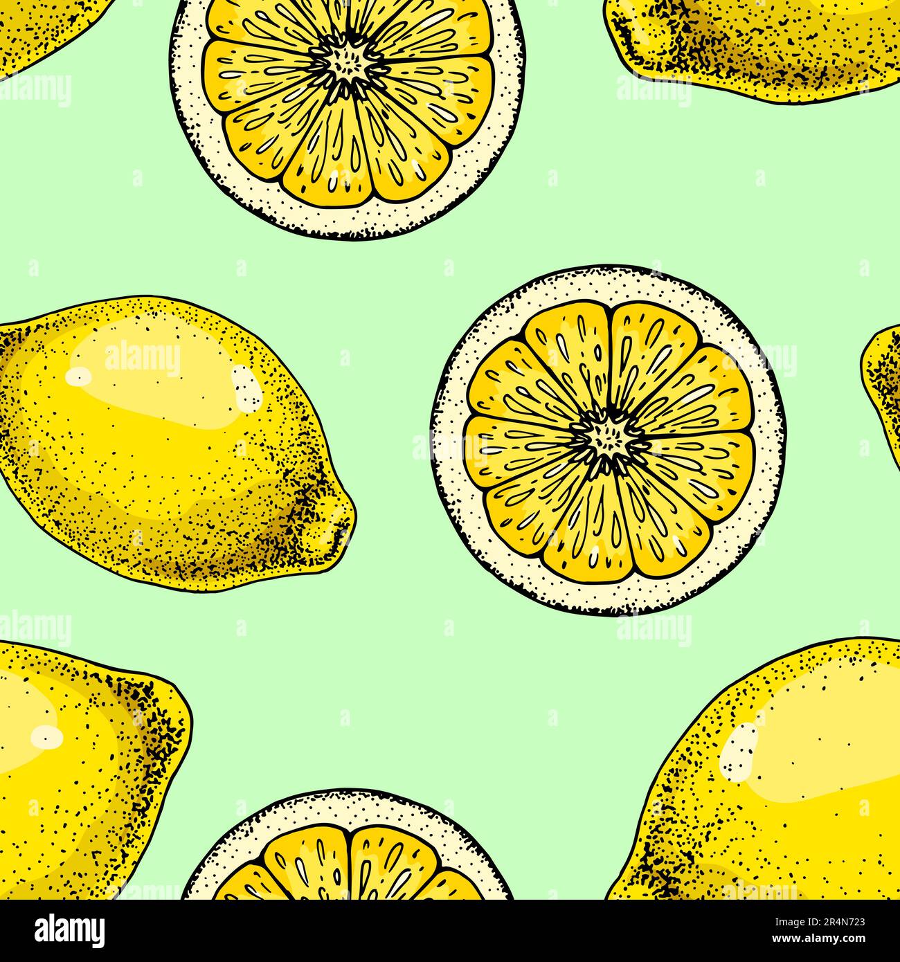 Lemon slice seamless pattern. Colorful hand drawn vector illustration in sketch style. Tropical ...