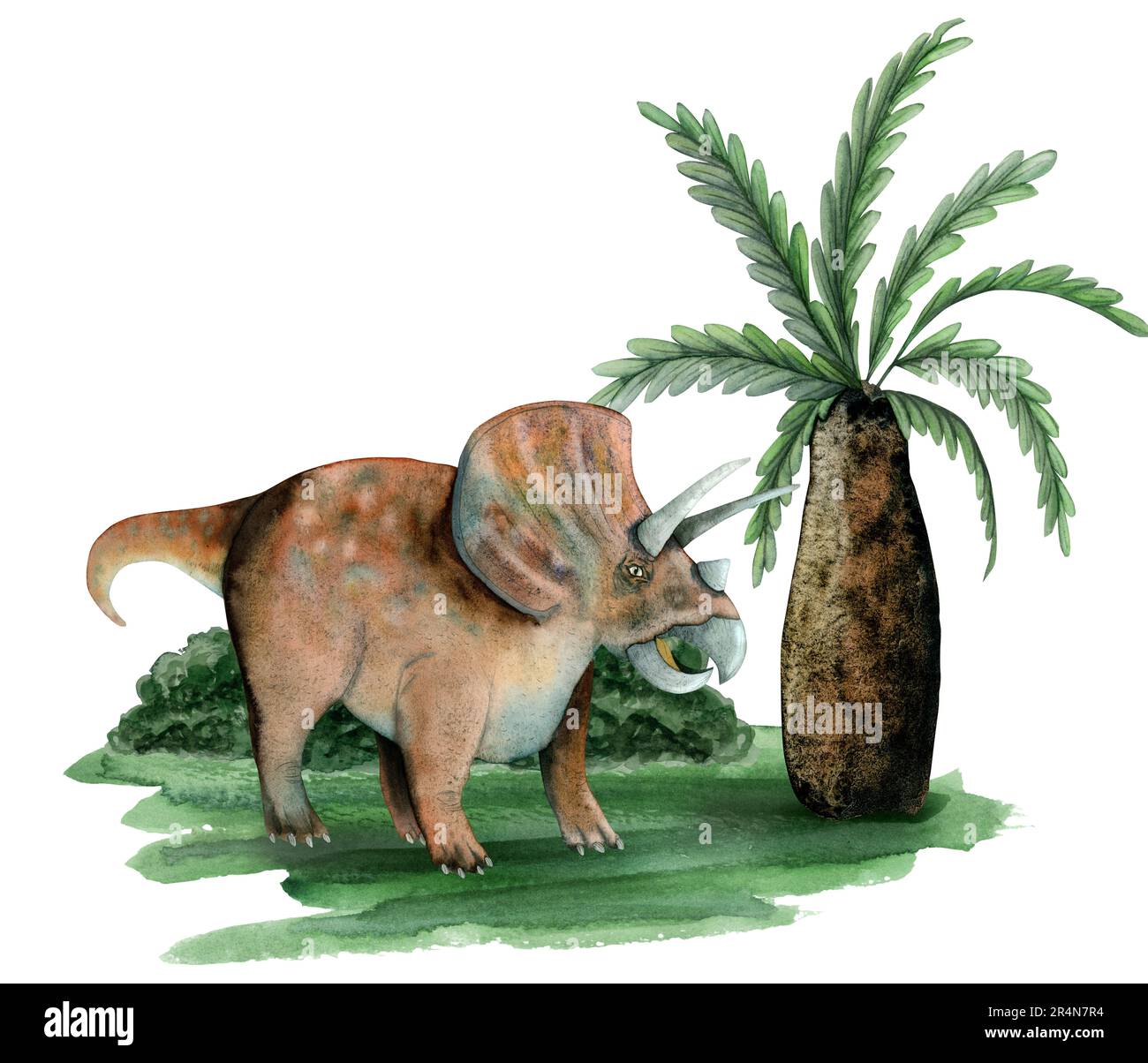 Triceratops dinosaur on prehistoric landscape watercolor illustration ...
