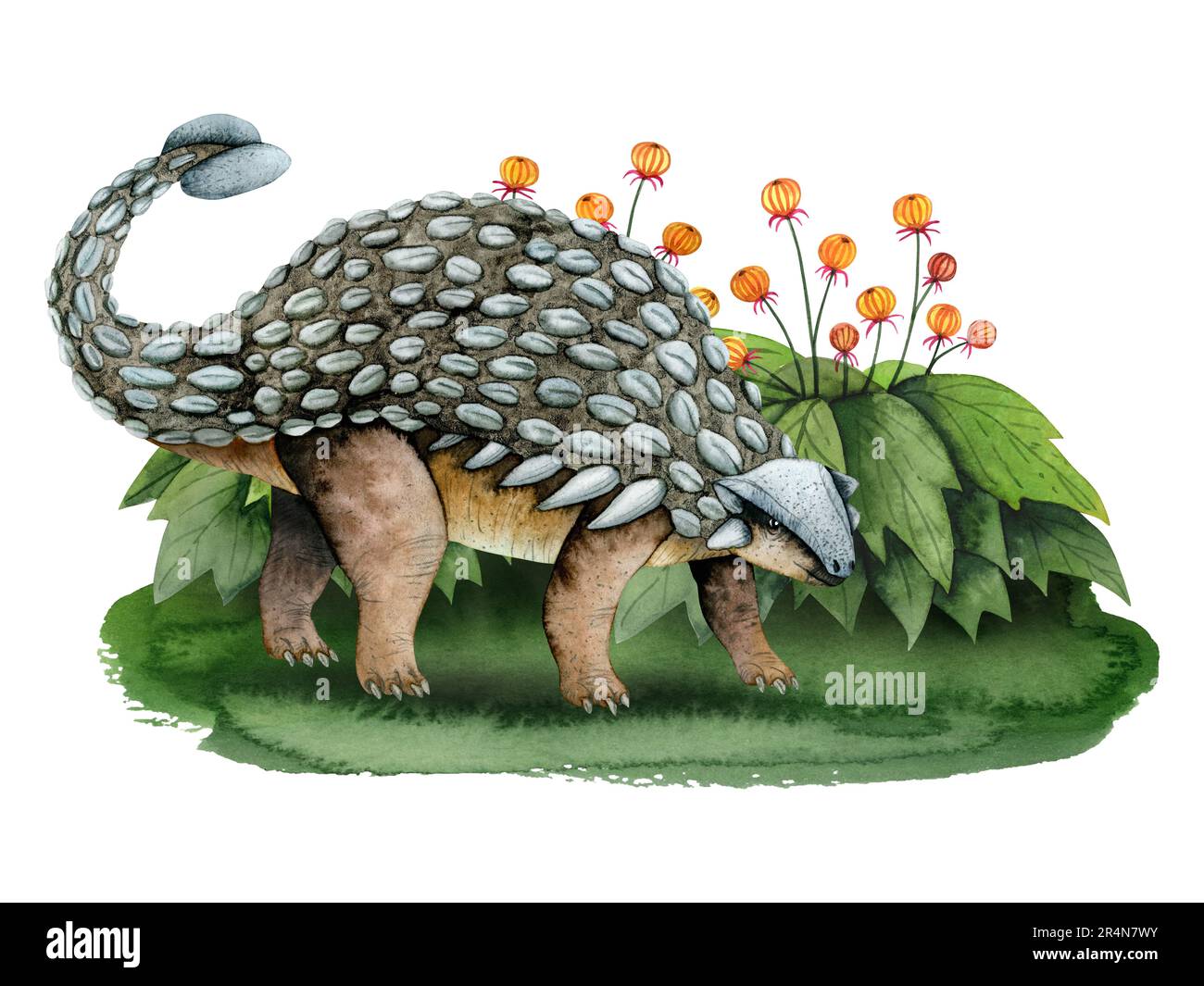 Ankylosaurus dinosaur on green grass with fantasy bushes with flowers ...