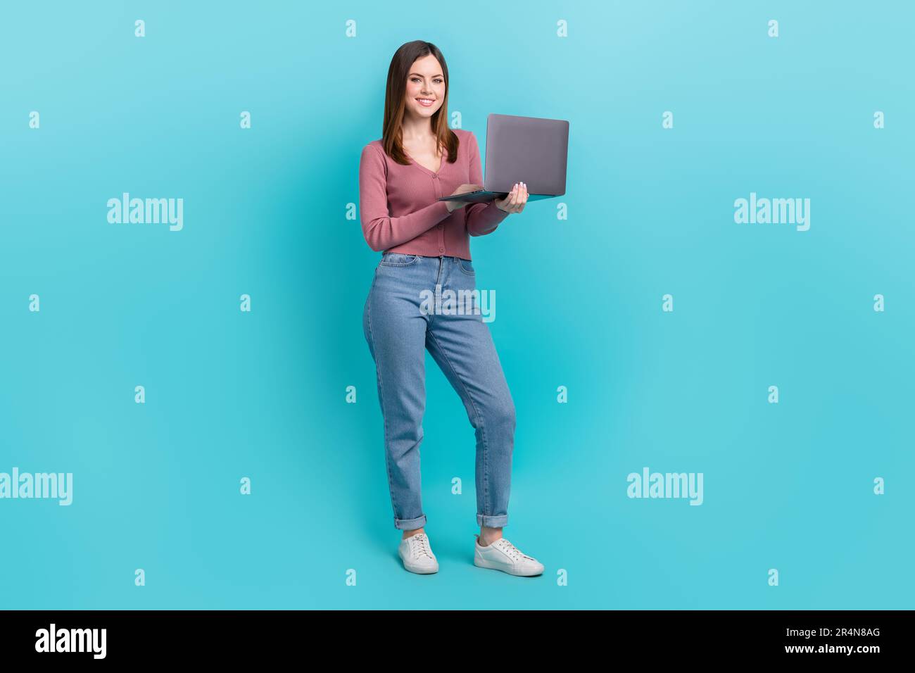 Full body photo of young expert coder javascript development girl hold ...