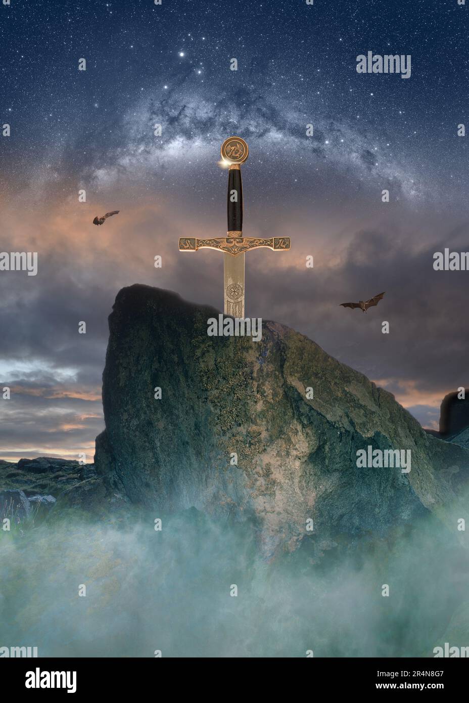King Arthur Excalibur mythical sword in the stone on a starry night ...