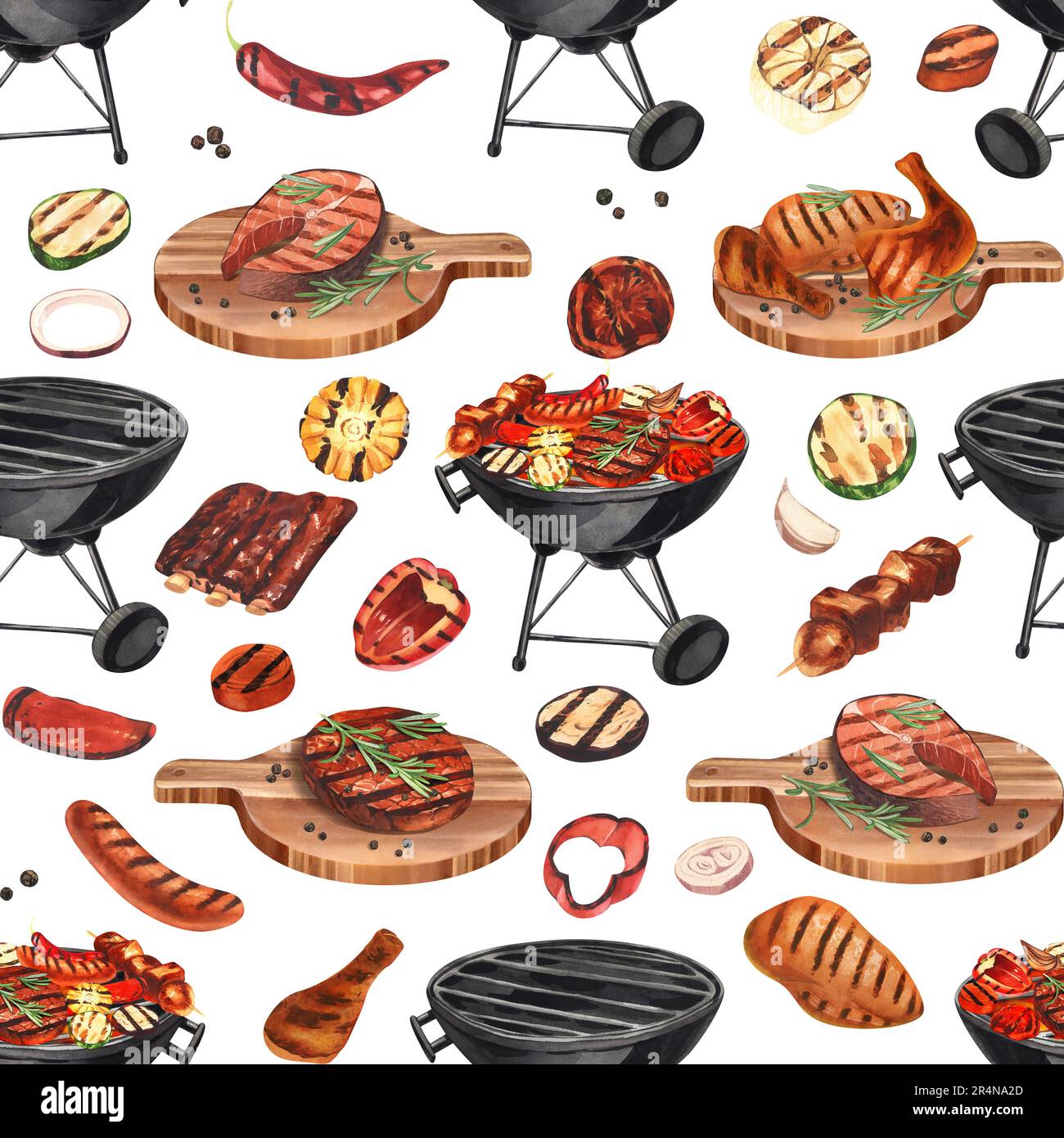Watercolor seamless pattern barbecue. Elements for cooking bbq - grill ...