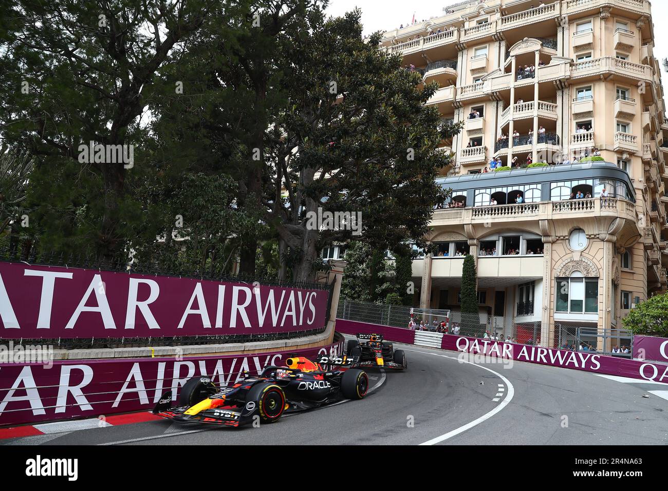 Max Verstappen and Sergio Perez of Red Bull Racing on track during the ...