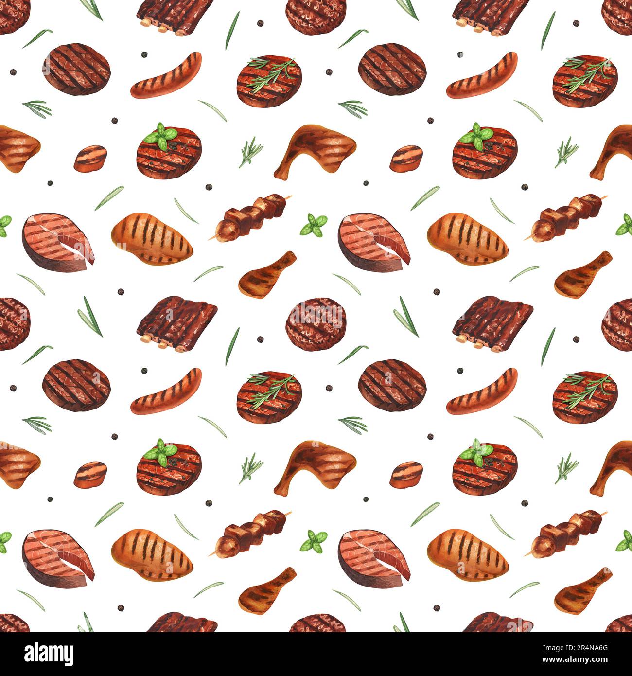 Watercolor pattern seamless grilled meat hamburger and steak beef. Hand ...