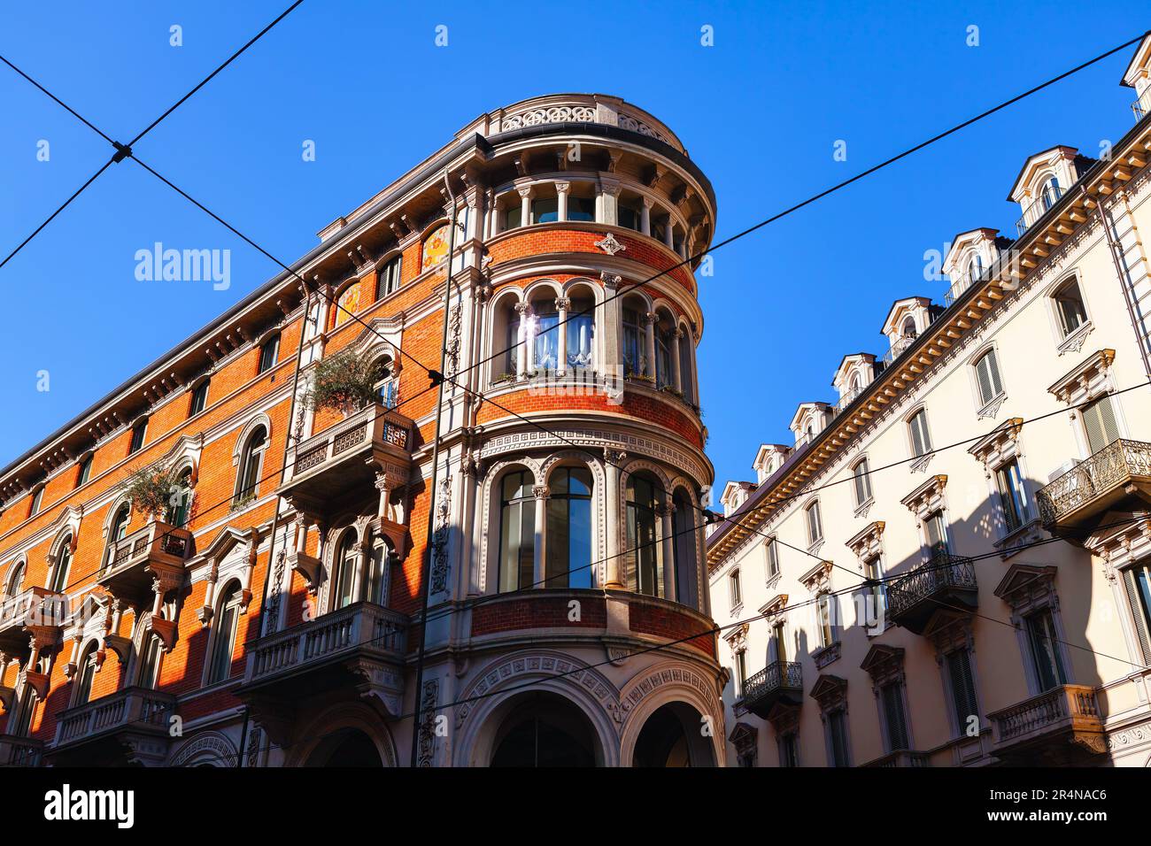 Italian red bricks architecture . Turin city street buildings Stock ...