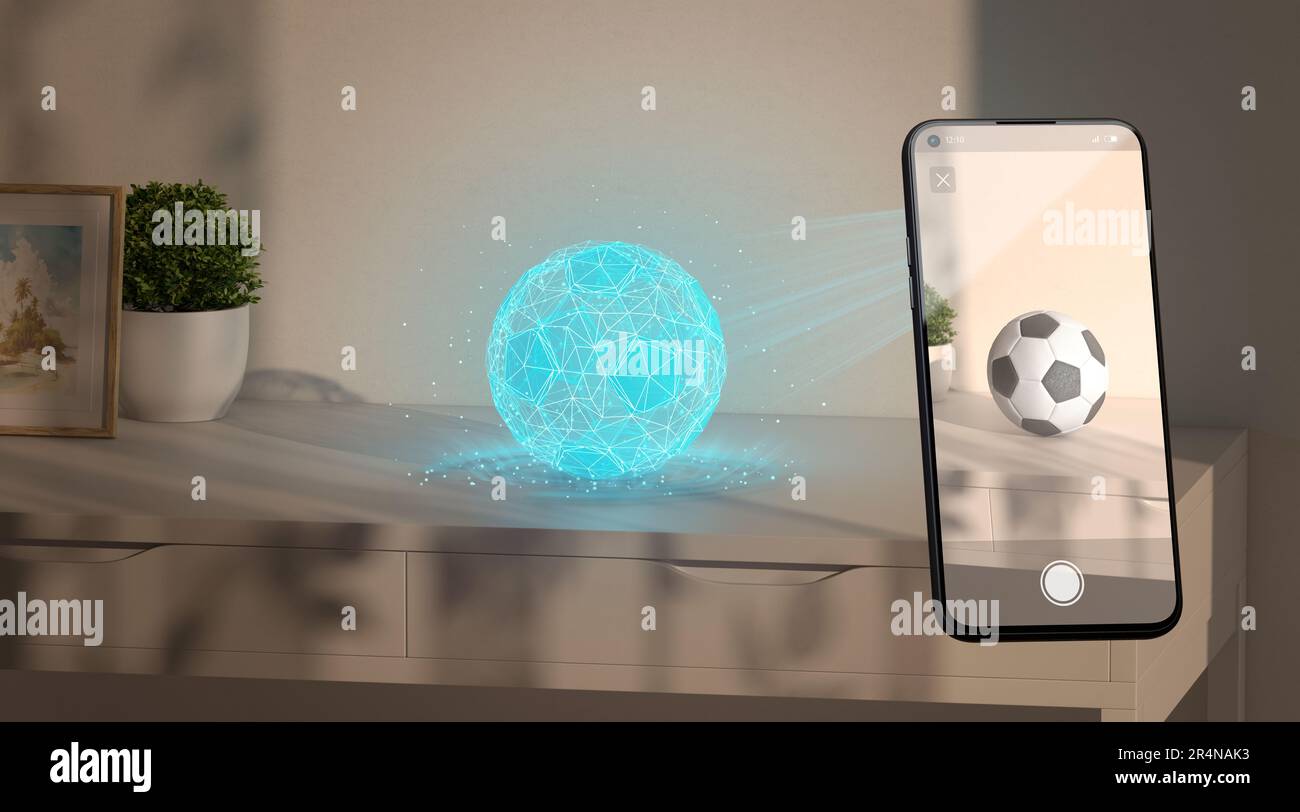Virtual soccer ball hologram on table phone display augmented reality ...