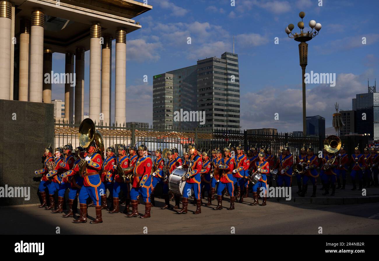 Mongolian army soldiers in their ceremonial uniform march past in ...