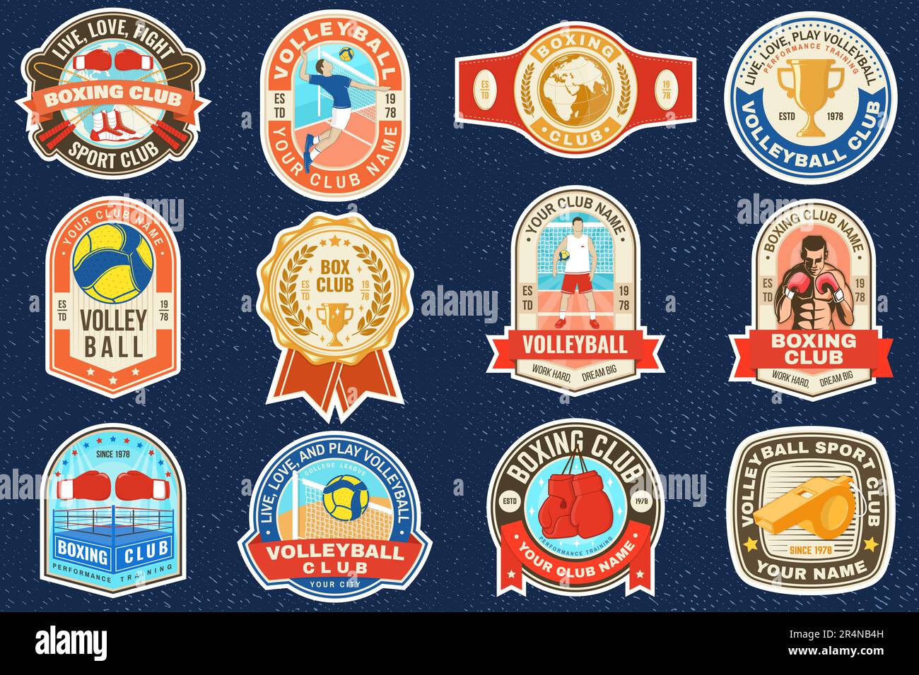 Set Of Volleyball Club And Boxing Club Badge Logo Patch Design set-of-volleyball-club-and-boxing-club-badge-logo-patch-design