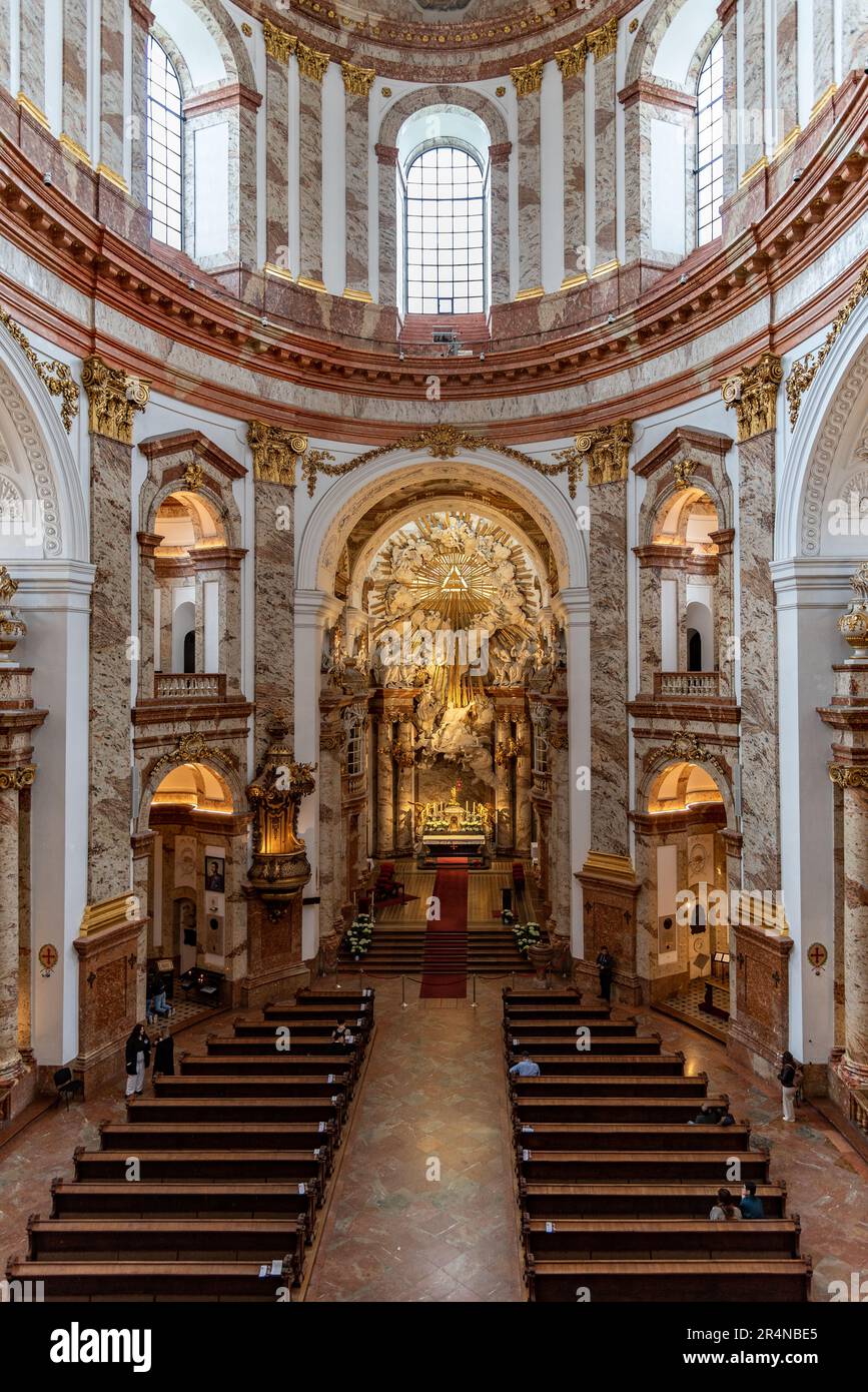 Interior of Karlskirche baroque church in Karlsplatz square in Vienna ...
