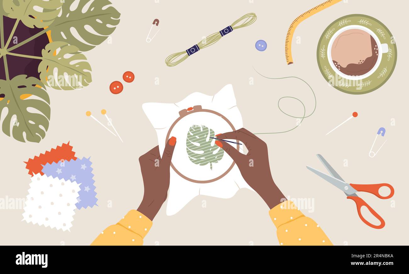 Embroidery process. Workshop, needlework and knitting. African female ...