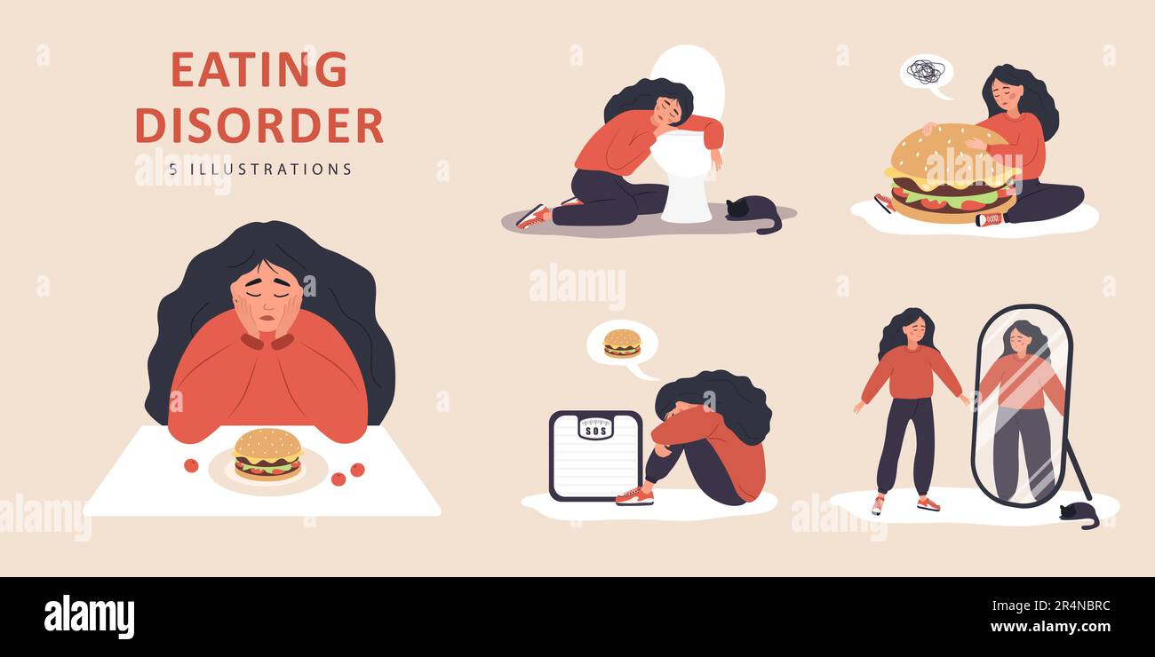 Eating disorder. Sad woman worries about being overweight. Overeating ...