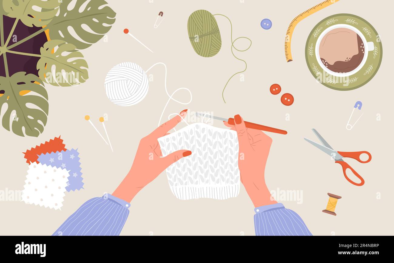 Crochet knitting process. Female hands with hook and thread. Balls of ...