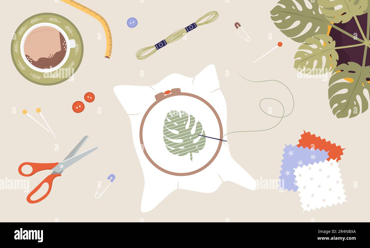 Embroidery process. Workshop, needlework and knitting. Needle and ...