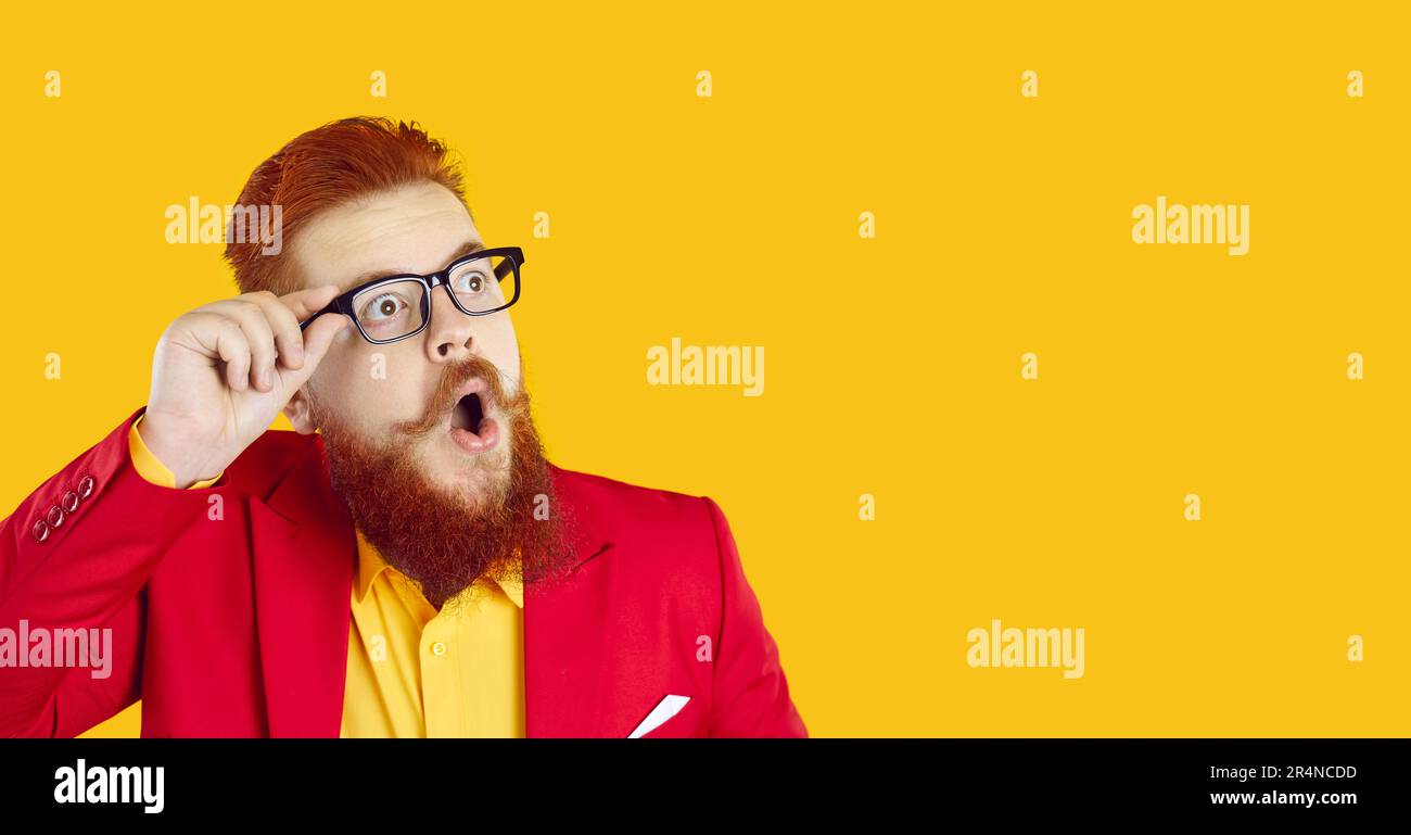 Fat man on yellow banner background looking at copy space with funny ...