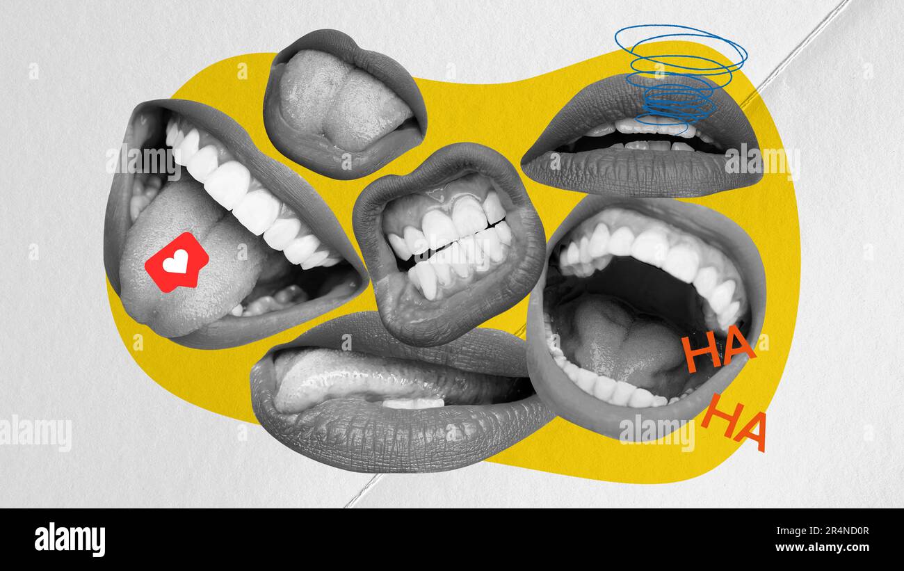 Many female mouths laughing, talking, spreading rumors. Social and mass ...