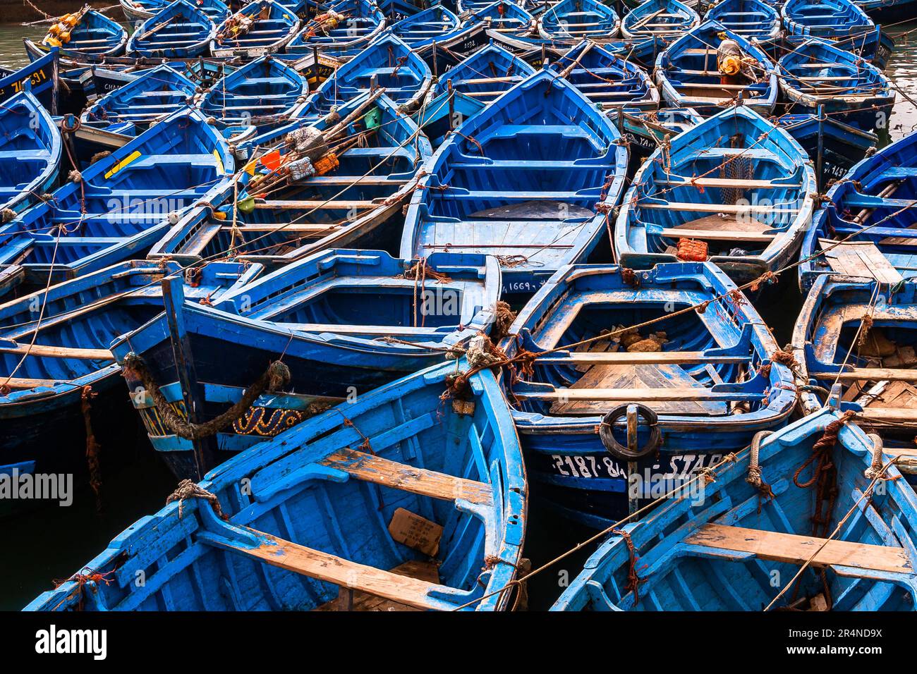 View of the port of Essouira, with moored boats. Essaouira, known as ...