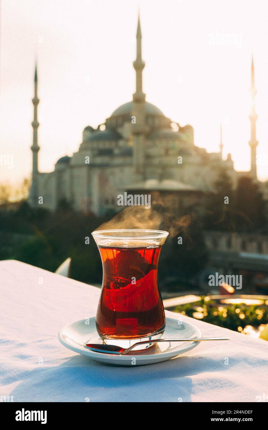 A glass of Turkish tea on the background of Hagia Sophia in Istanbul ...