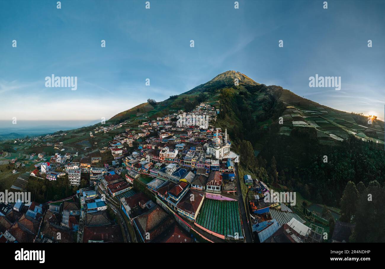Aerial View The Beauty Of Building Houses In The Countryside Of The Mountainside In The Morning ...