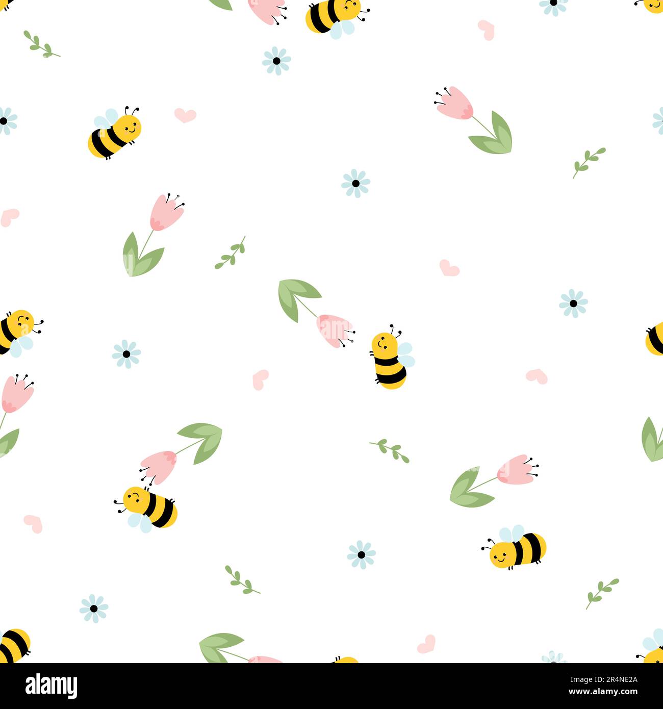 Seamless pattern with tulip flower, hearts and flying bee cartoon on ...