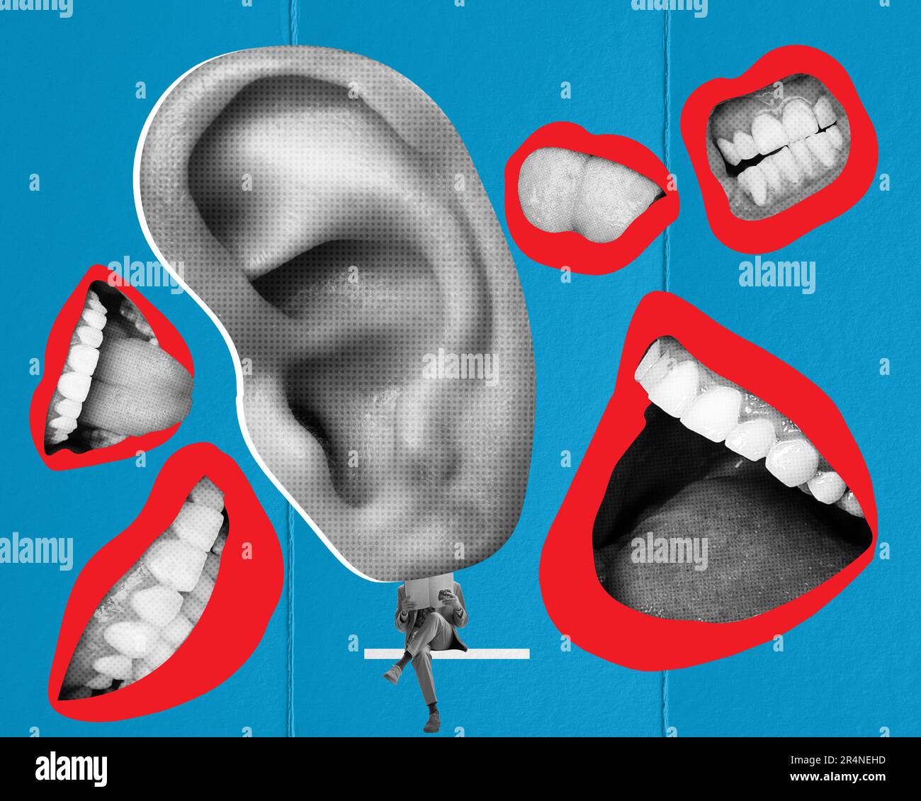 Mna in formal wear with giant ear instead head sitting and reading ...