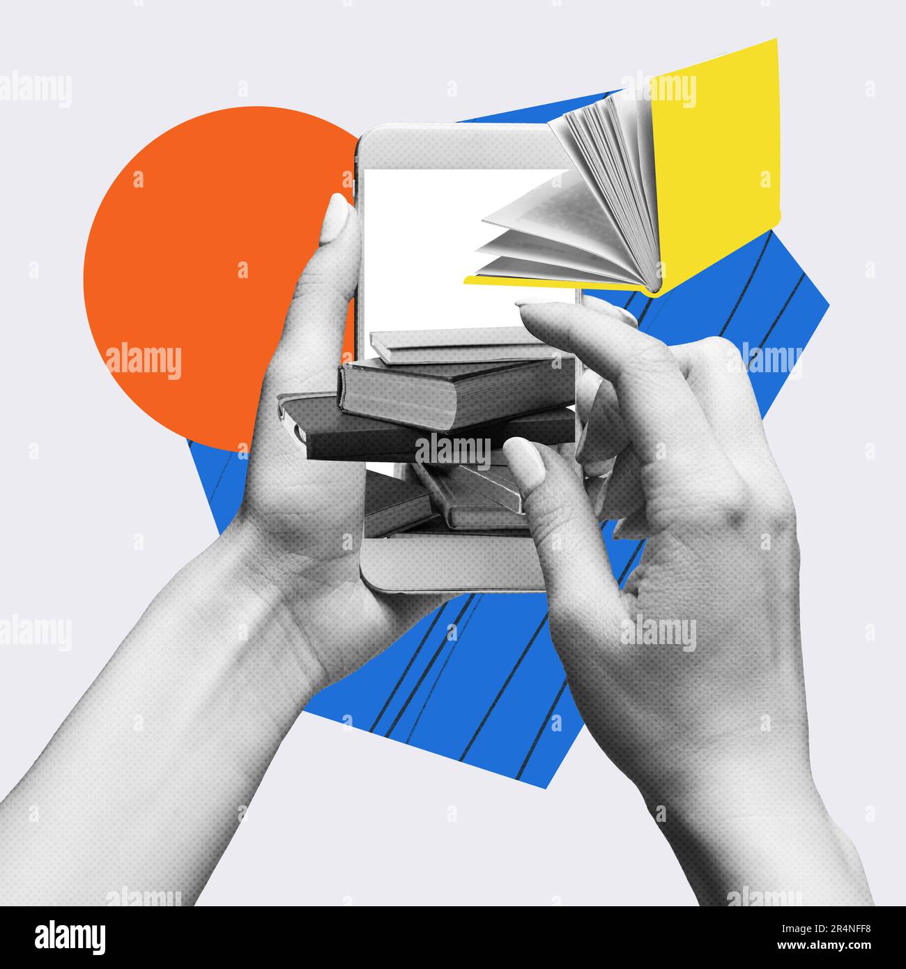 Online library. Woman using mobile phone with many books inside. Fast ...