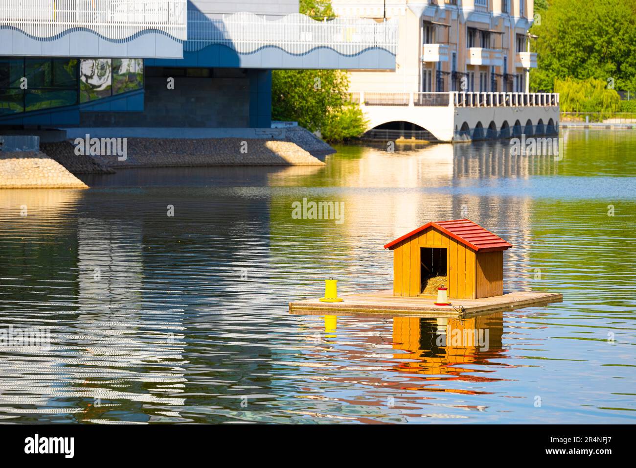 floating house for birds on the pond. bird house on the city pond Stock ...