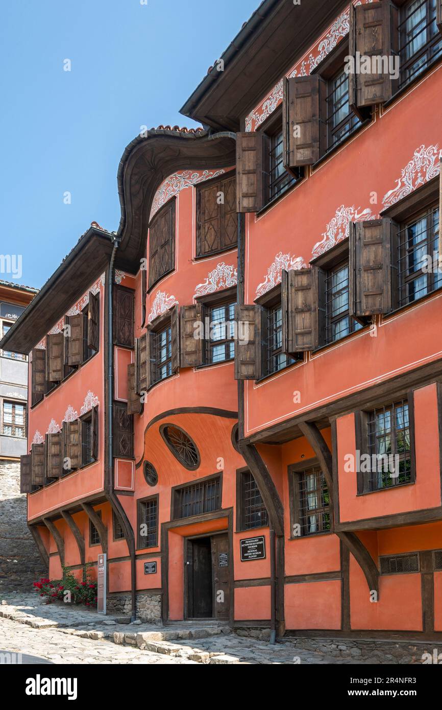 Typical street and houses at The old town of city of Plovdiv, Bulgaria ...