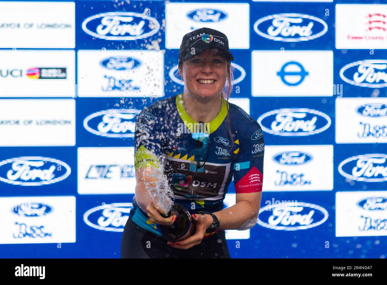 Charlotte Kool spraying champagne after winning the Classique UCI Women ...