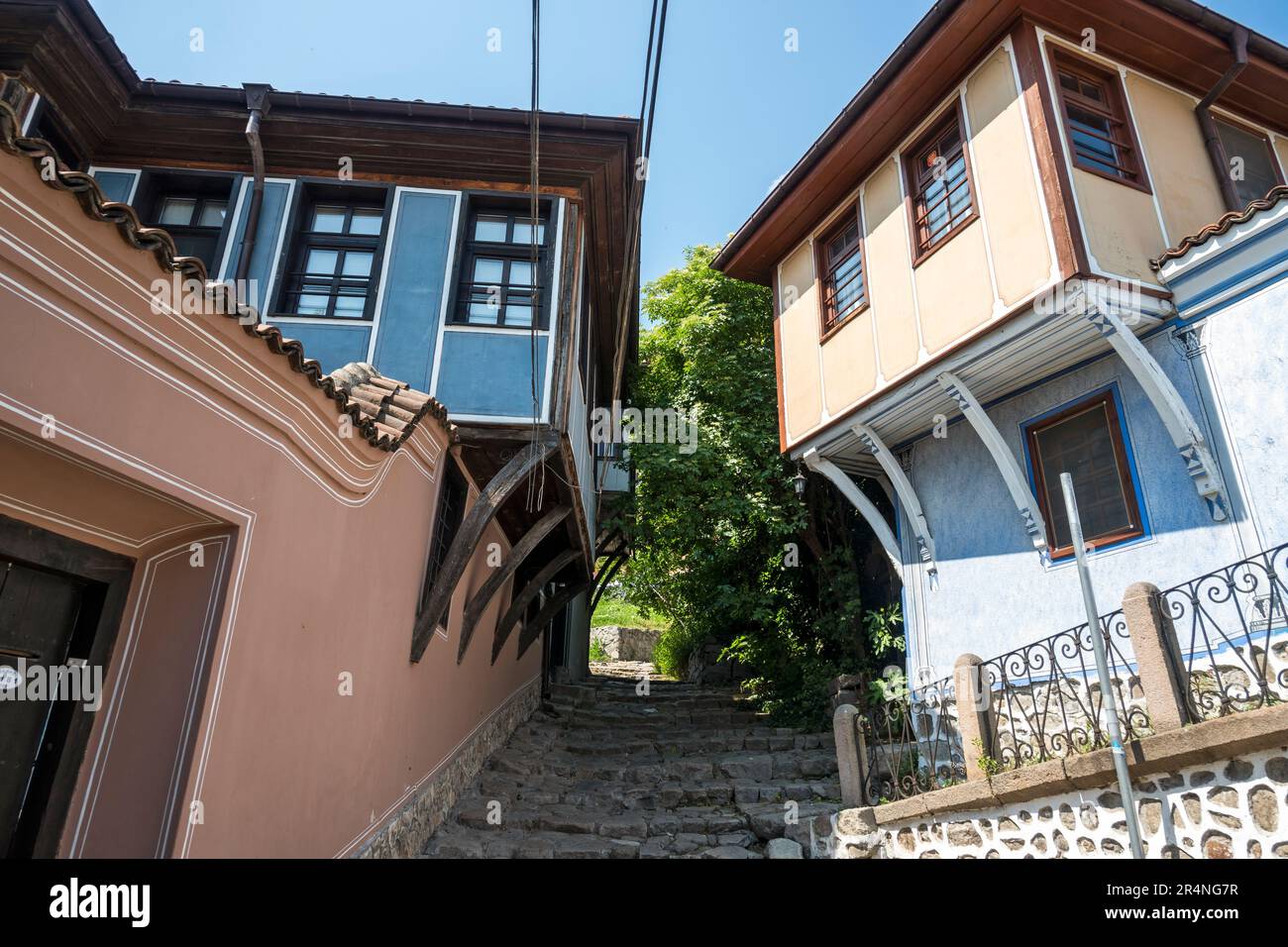 Typical street and houses at The old town of city of Plovdiv, Bulgaria ...