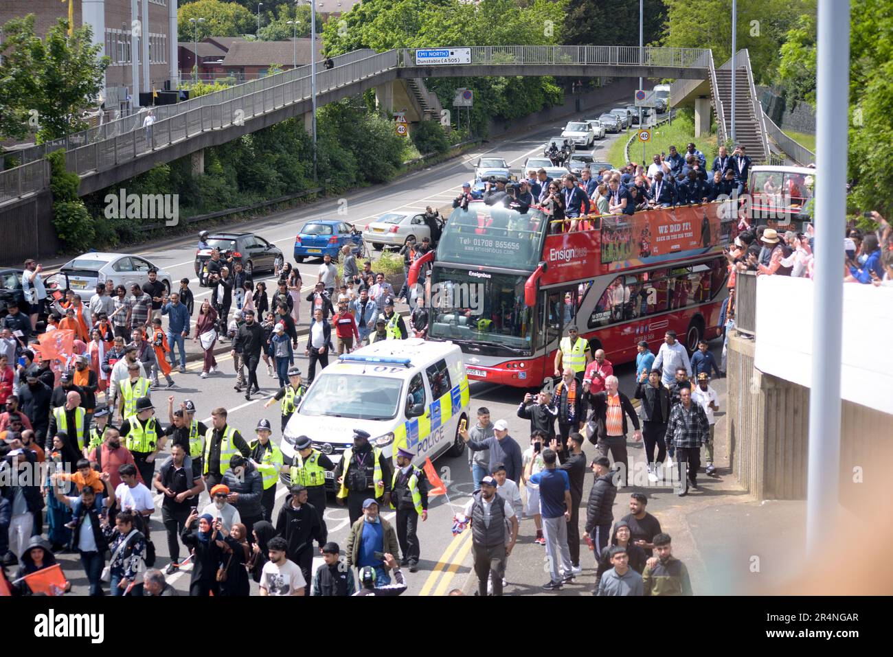 Luton, UK. 29th May, 2023. Thousands of football fans are packing the ...