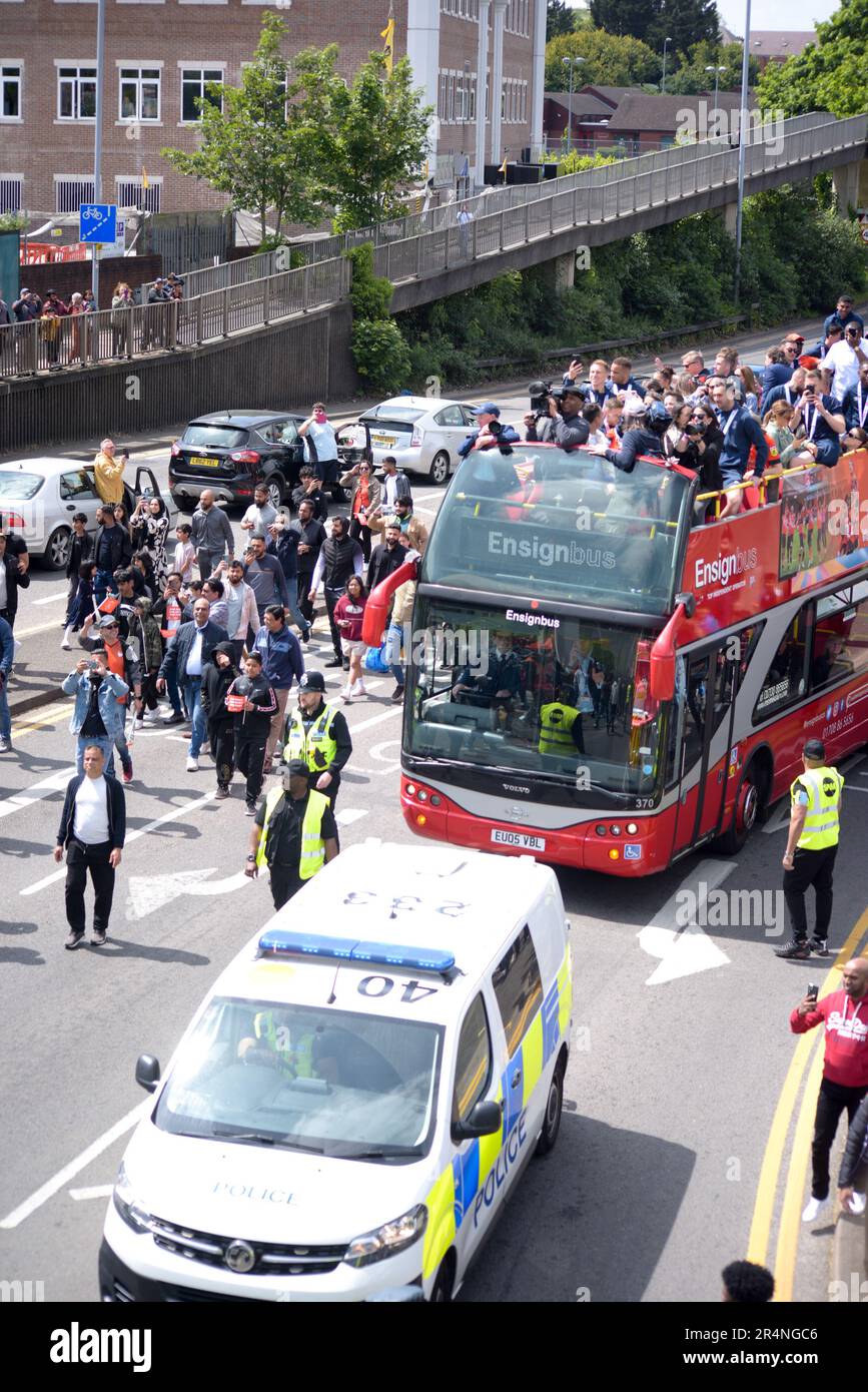 Luton, UK. 29th May, 2023. Thousands of football fans are packing the ...