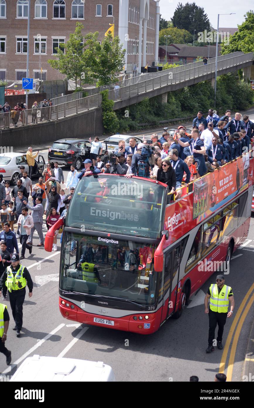 Luton, UK. 29th May, 2023. Thousands of football fans are packing the ...