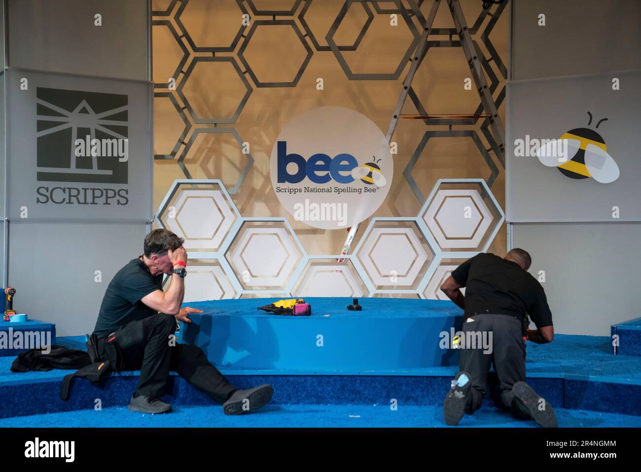 Crew members assemble the main stage ahead of the 2023 Scripps Nations ...