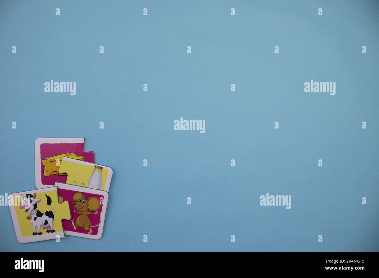 Information puzzles placed on the edge of the blue background. Cow ...