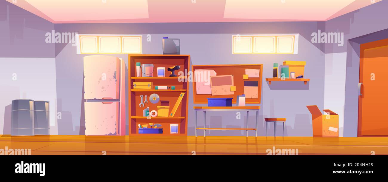 Garage interior with equipment for carpentry and repair works. Vector ...