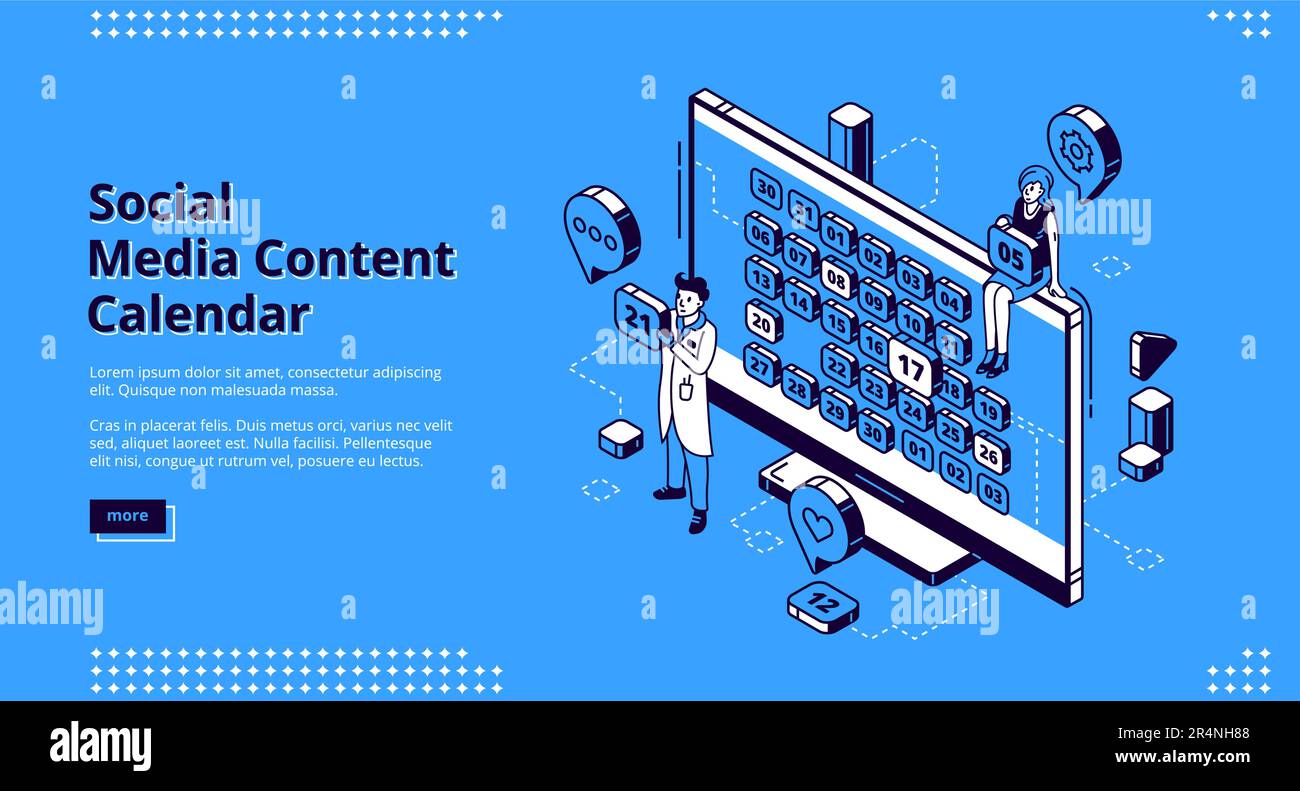 Social media content calendar isometric landing page, man and woman ...