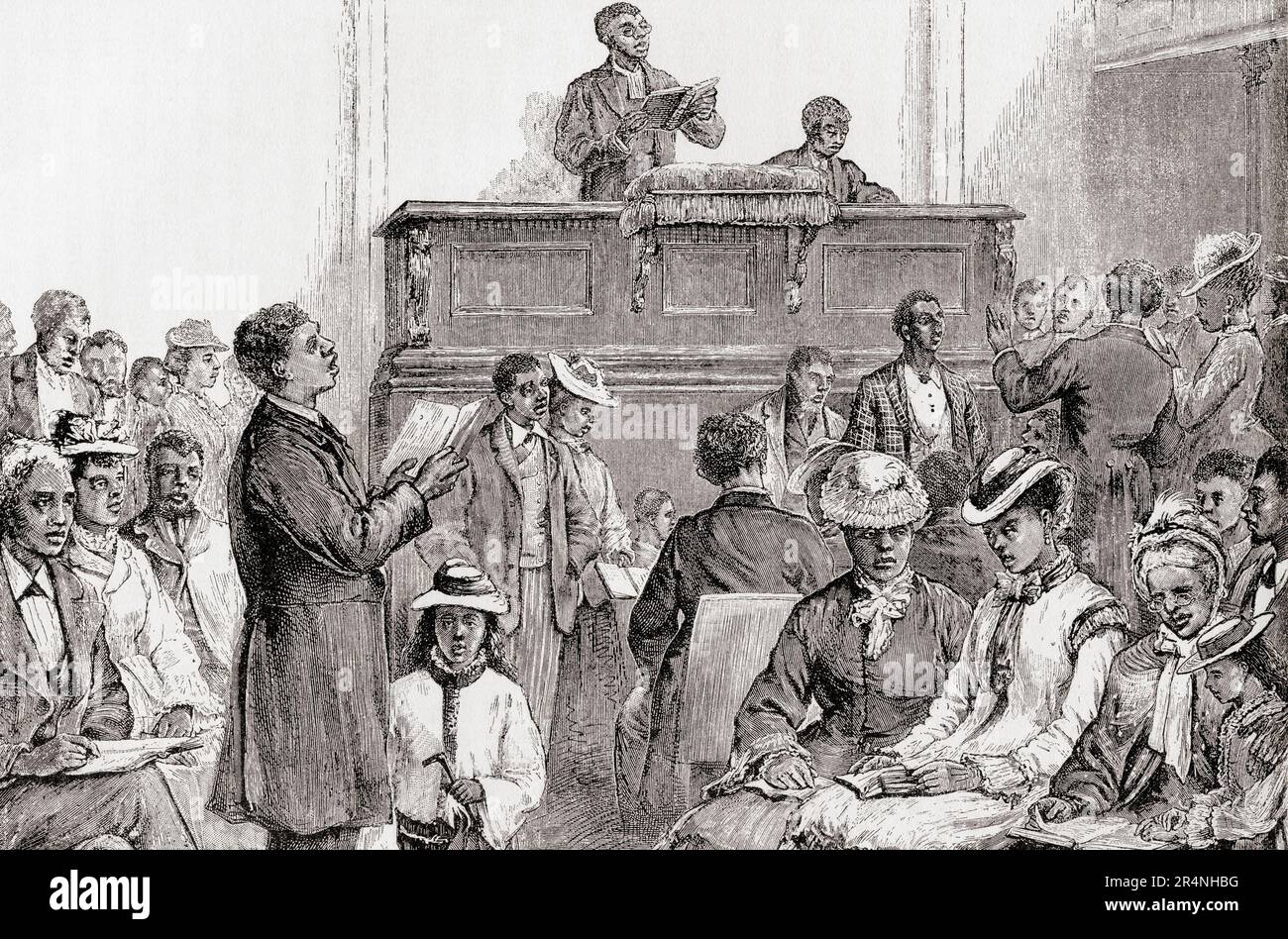 Congregation in a black Afro-American church, USA in the 19th century ...