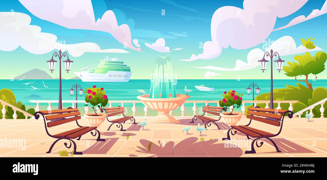 Summer seafront with cruise ship and powerboat in ocean, cartoon quay ...