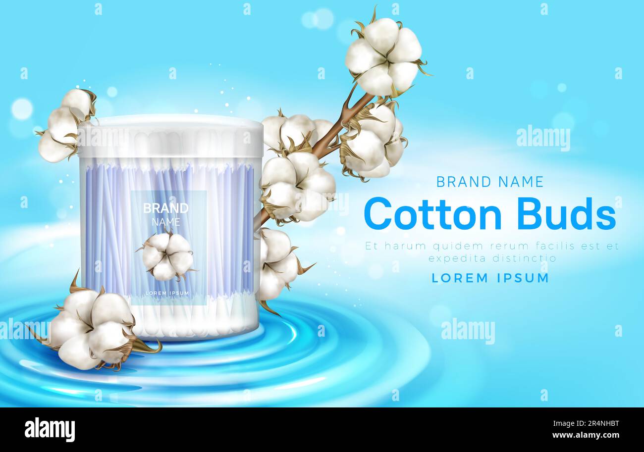 Cotton buds in plastic container and cotton flowers. Vector realistic ...