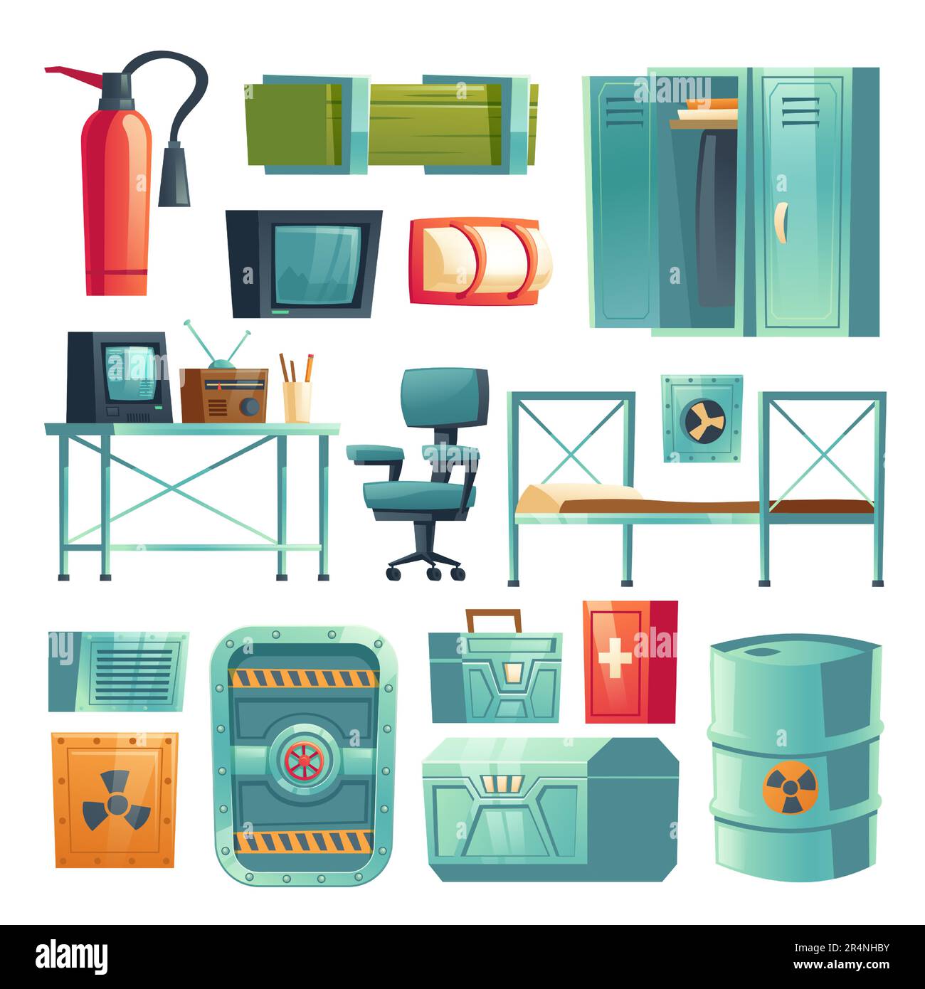 Underground bunker interior set with bed, lockers, armored door and ...