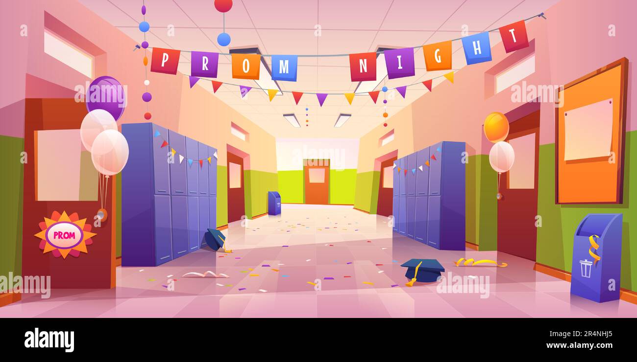School hall after prom night celebration. Empty college corridor ...
