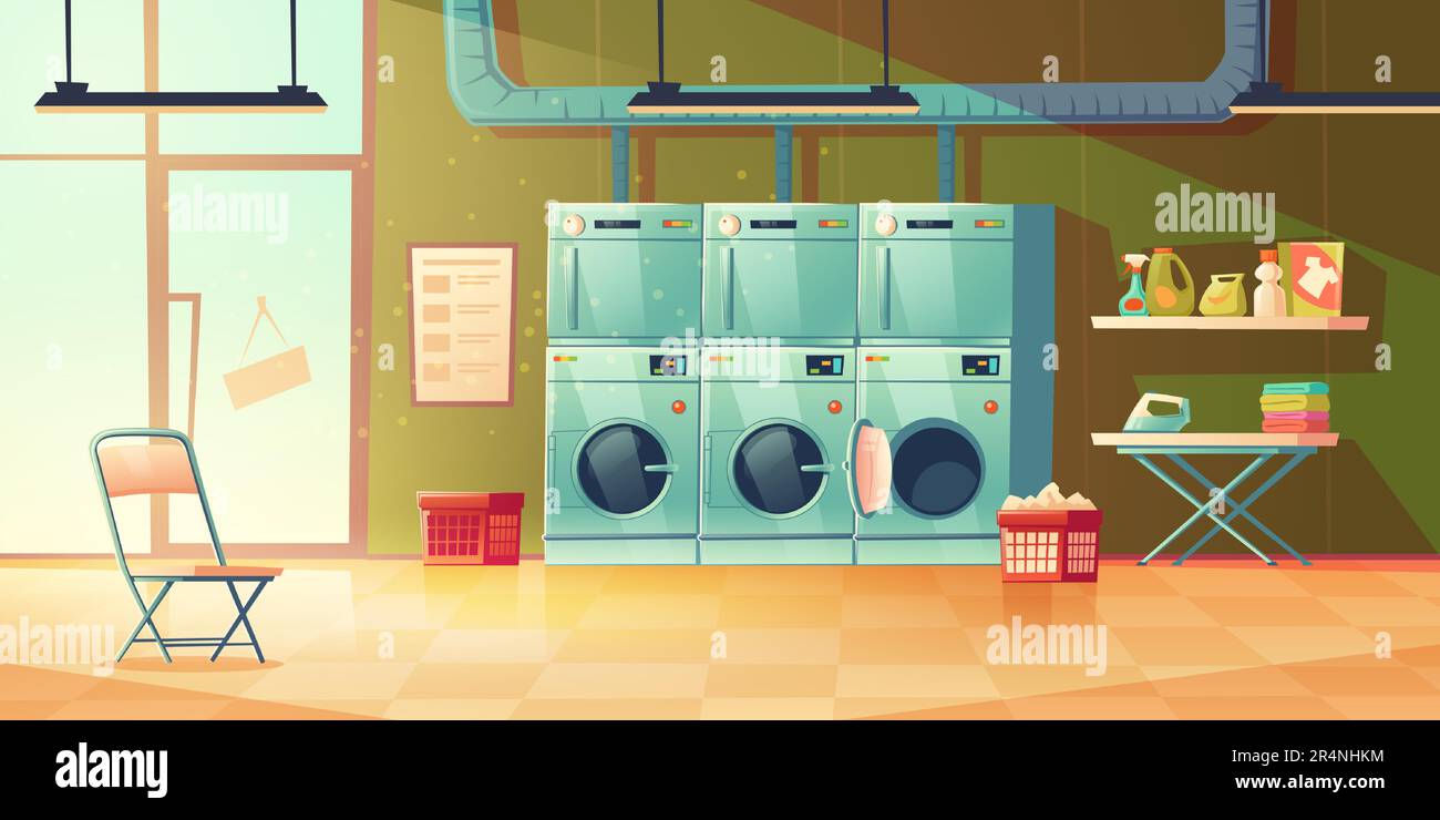 Laundry room interior with row of washer and dryer, iron, ironing board ...