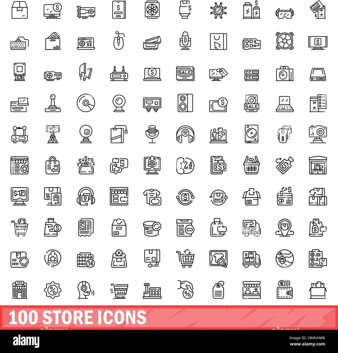100 store icons set. Outline illustration of 100 store icons vector set ...