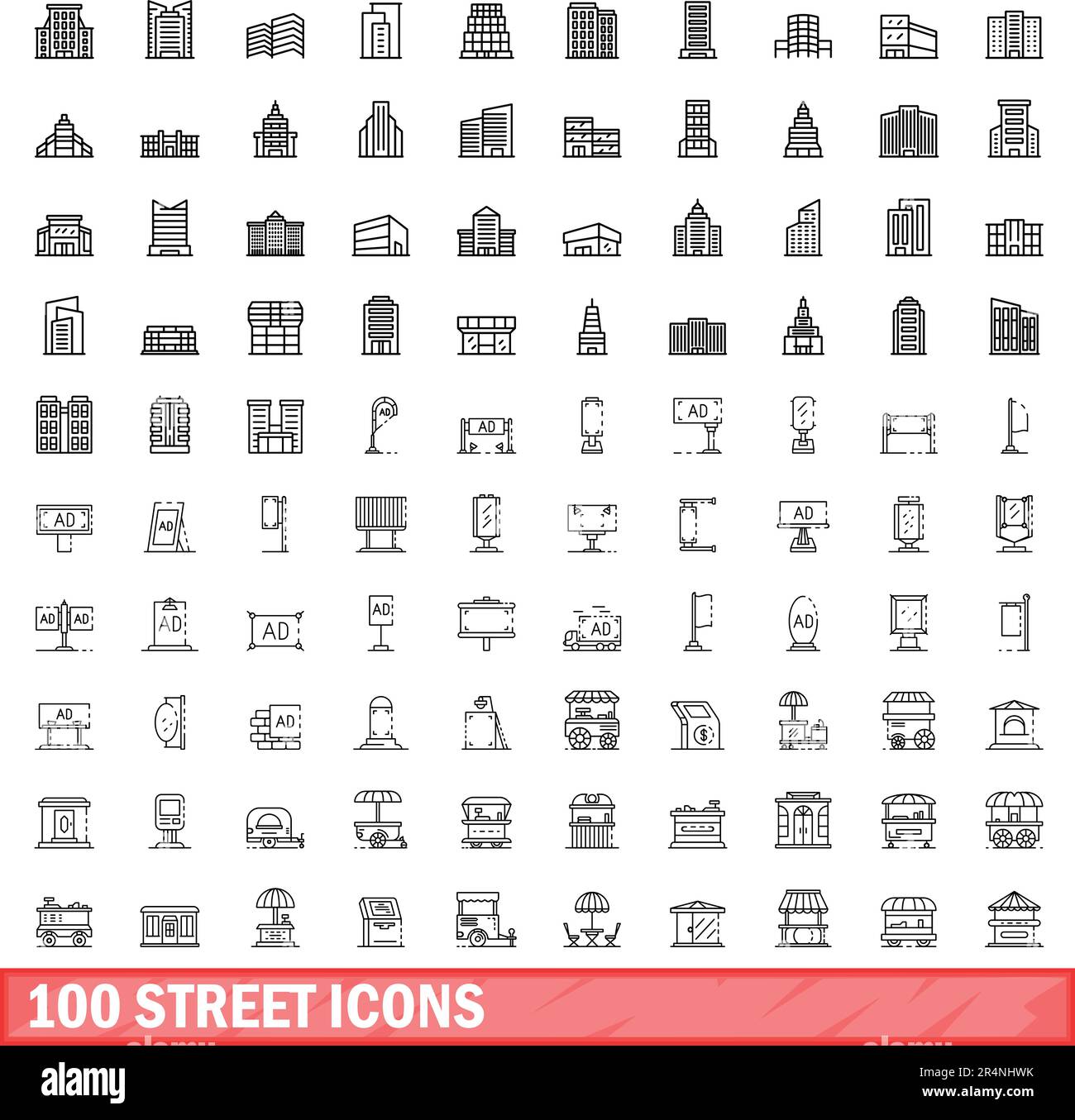 100 street icons set. Outline illustration of 100 street icons vector ...