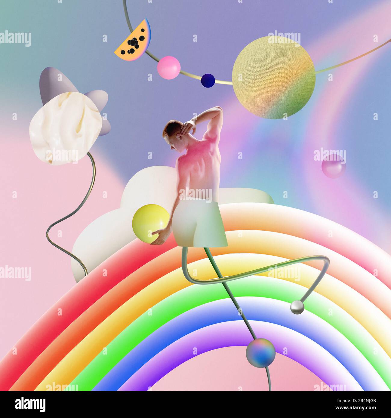 Futuristic man with illuminating body posing over colourful background ...