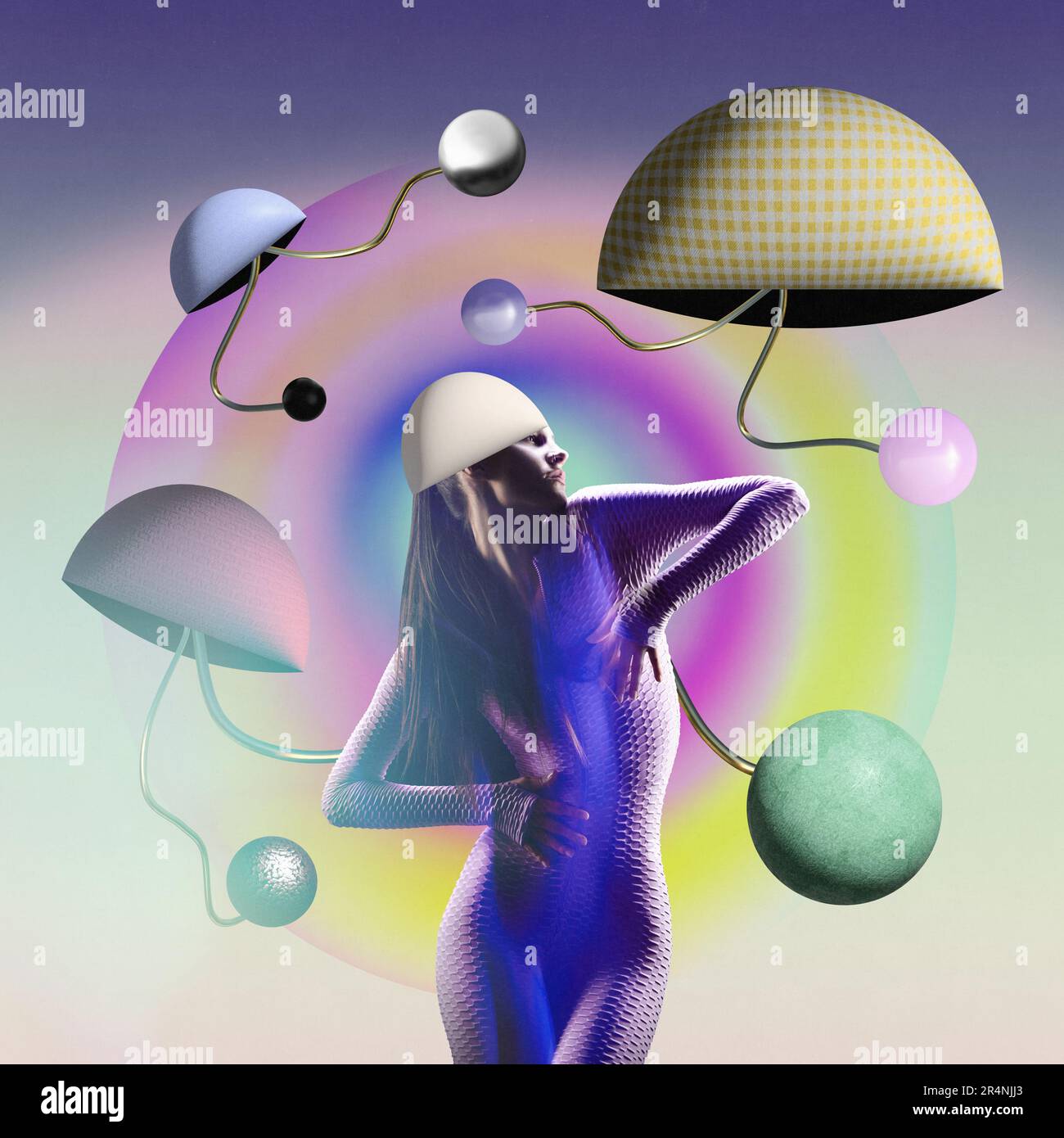 Space cyborg woman, robot in futuristic bodysuit and helmet standing on ...