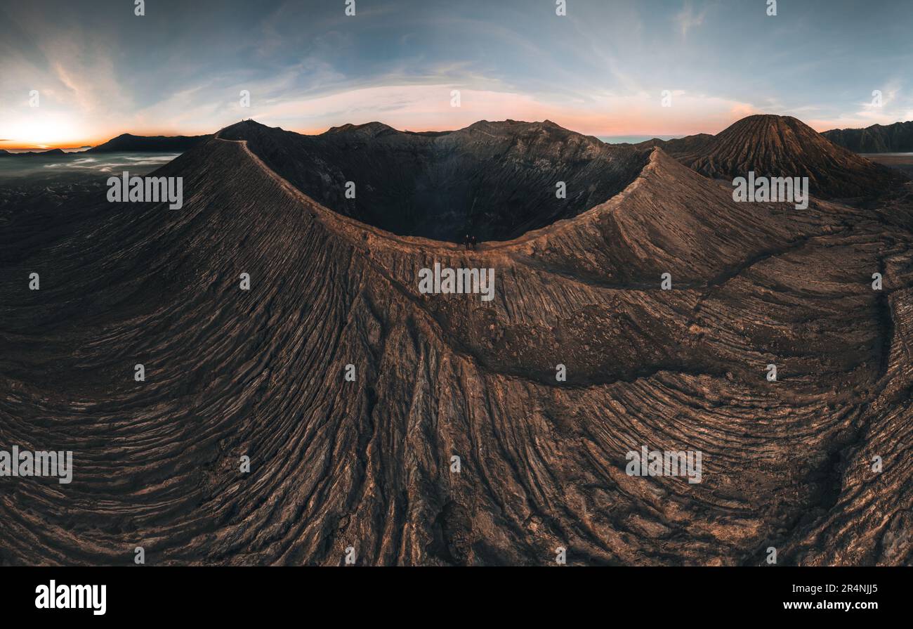 Aerial drone view of Bromo crater Mountain, East Java, Indonesia. man ...