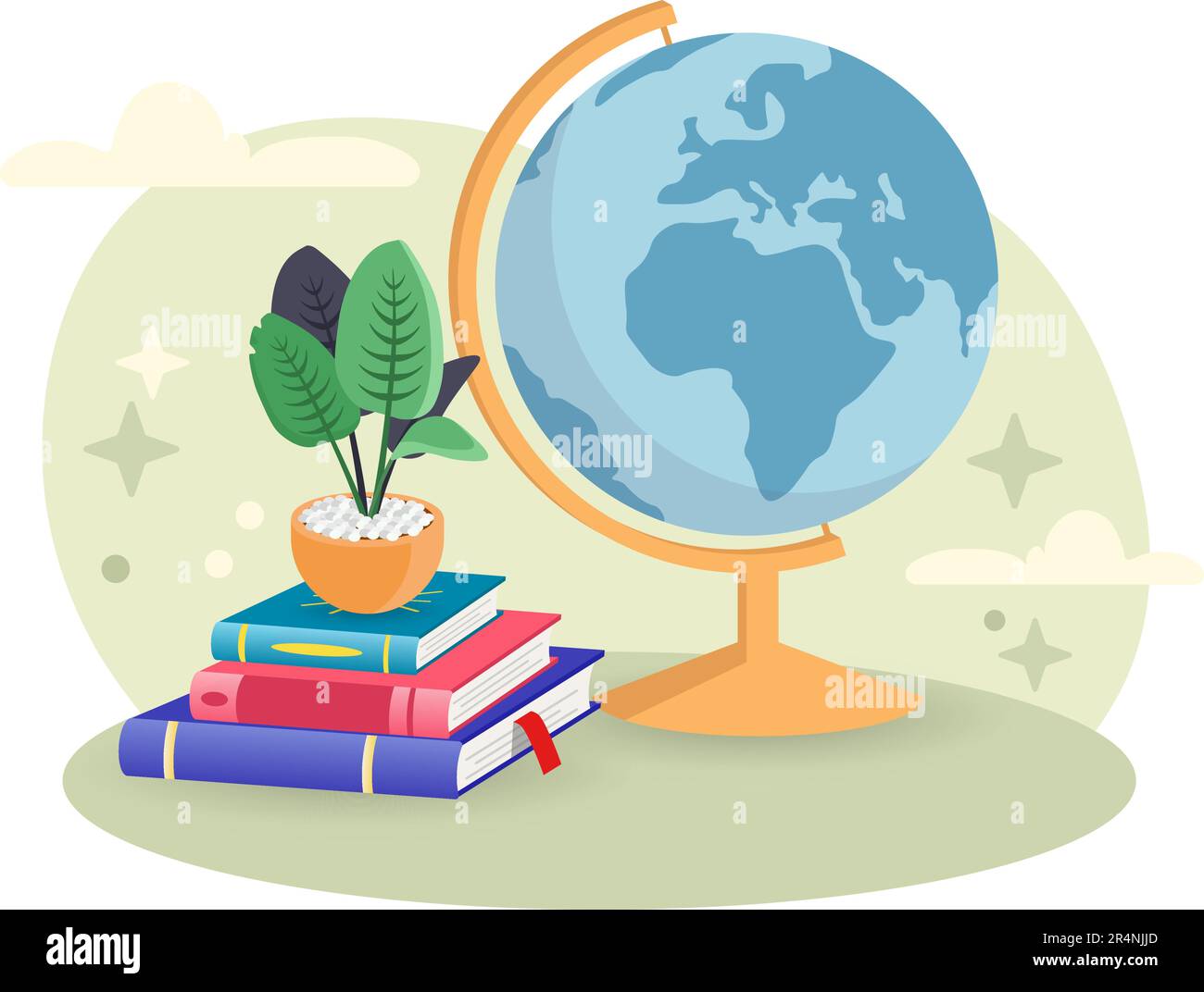 Globe illustration. Ball, plant, books, stand. Editable vector graphic ...