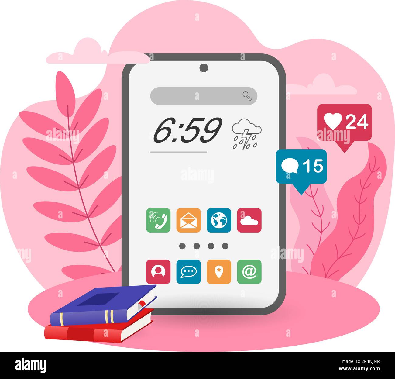 Mobile illustration. Smartphone, screen, books, interface. Editable ...