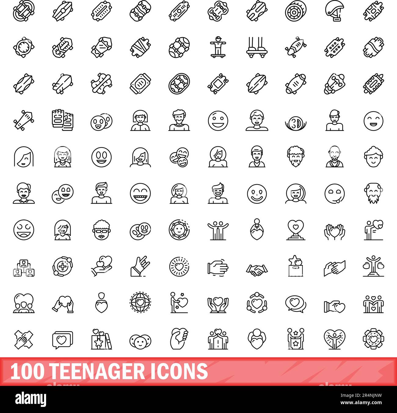 100 teenager icons set. Outline illustration of 100 teenager icons ...